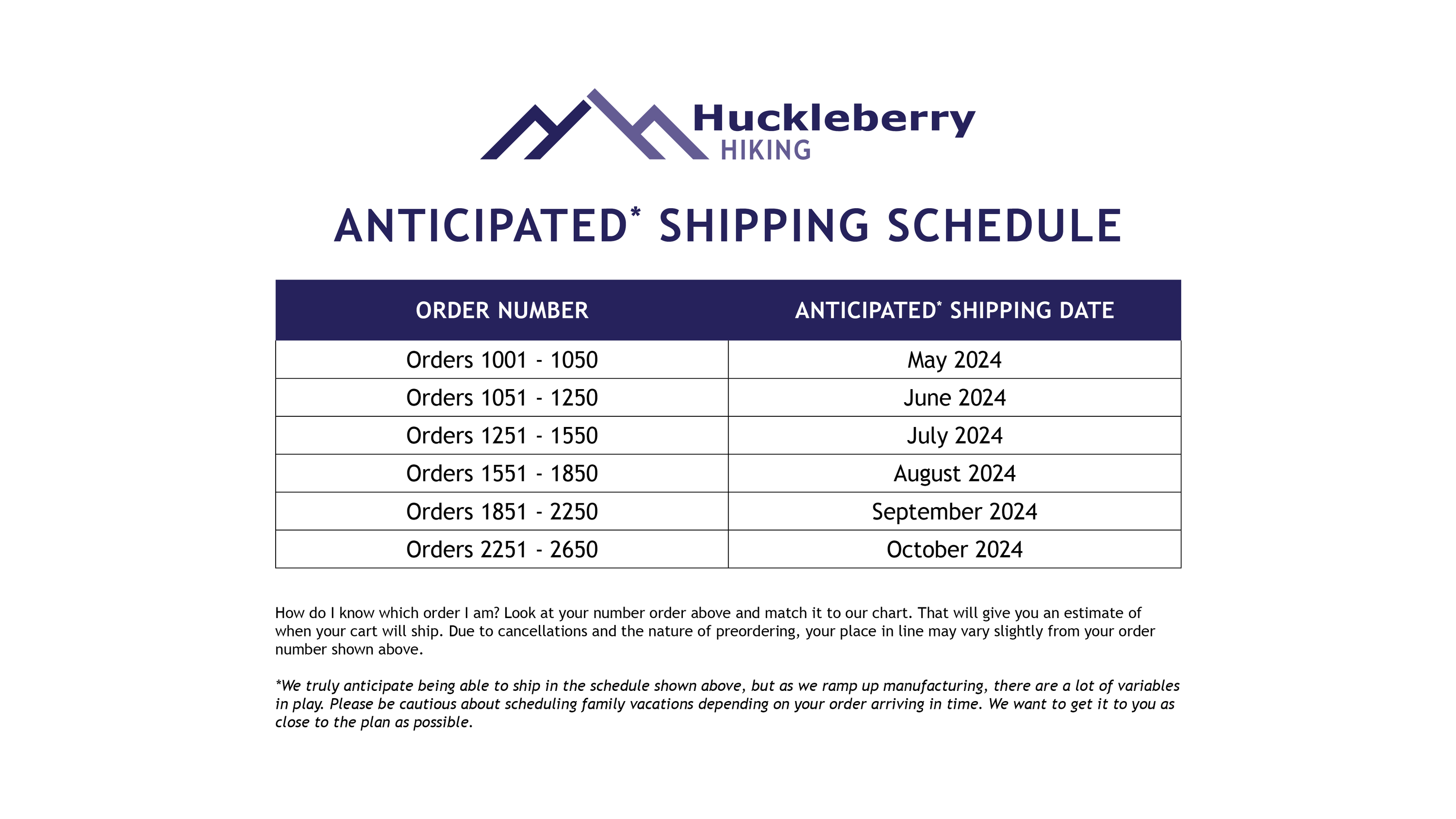 Shipping Schedule – Huckleberry Hiking | Freedom to Explore